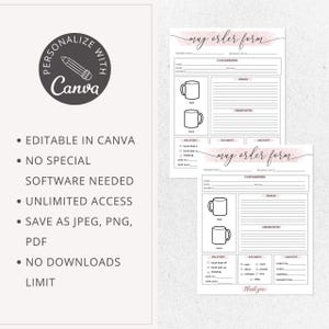 Editable Mug Order Form Template | Customize Cup Order | Small Business Craft Order Sheet ...