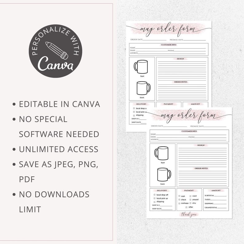 Editable Mug Order Form Template | Customize Cup Order | Small Business Craft Order Sheet ...