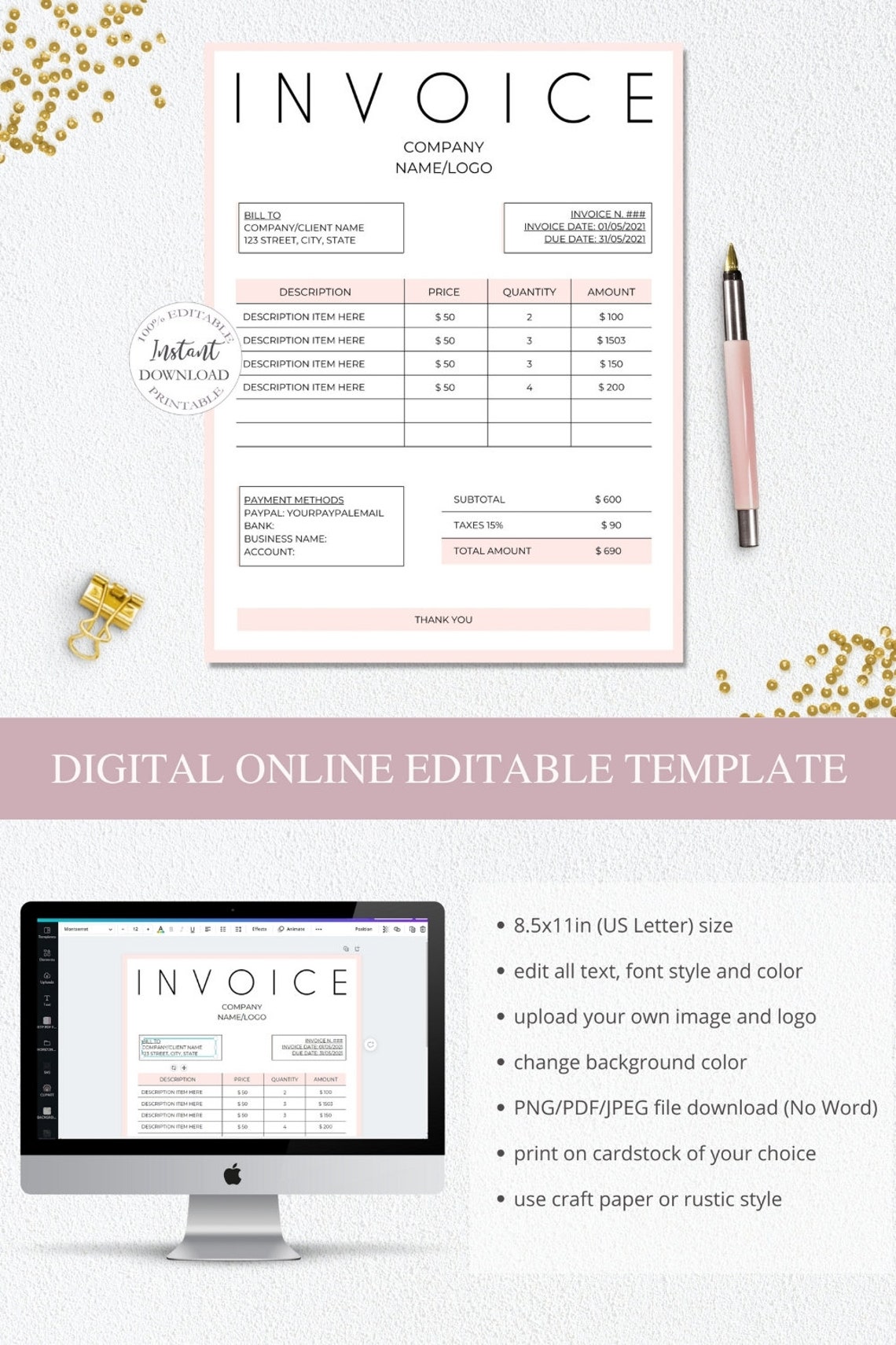 Invoice Order Form Canva Template Editable Printable Craft - Etsy