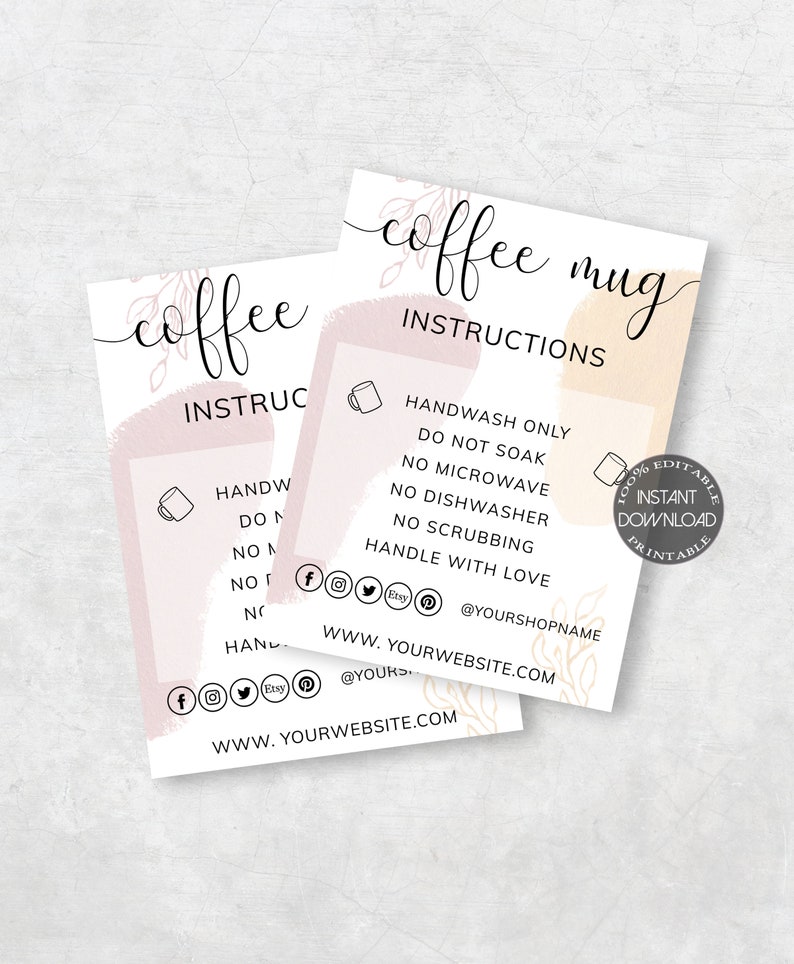 Mug Care Card Template Printable Cup Instruction Cards - Etsy