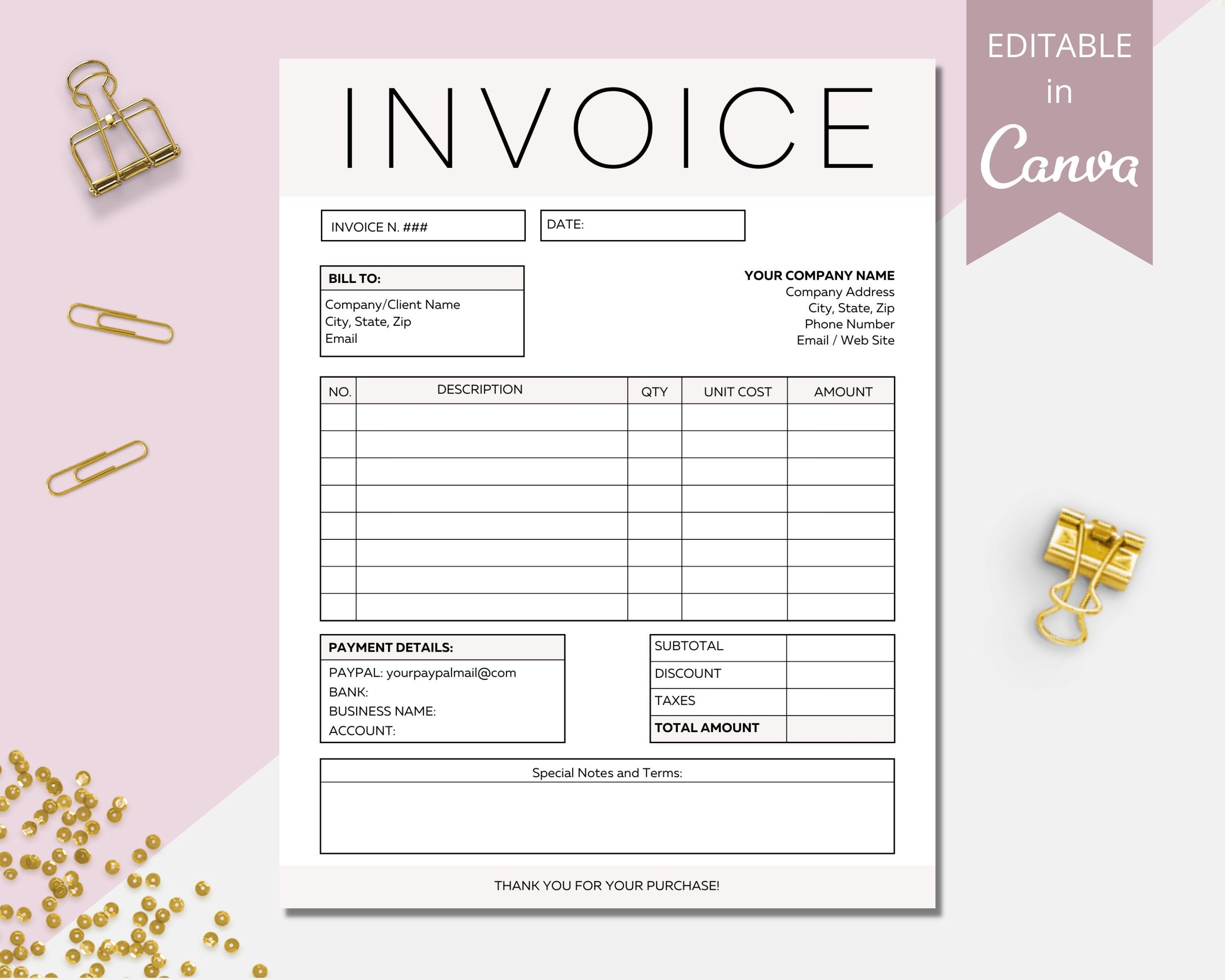 Stationery Editable Invoice Template Canva 5 DIfferent Colour Options ...