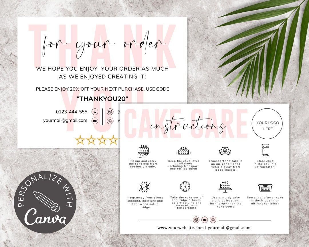 Cake Care Card Template I Canva Template I Cake Thank You Card for ...