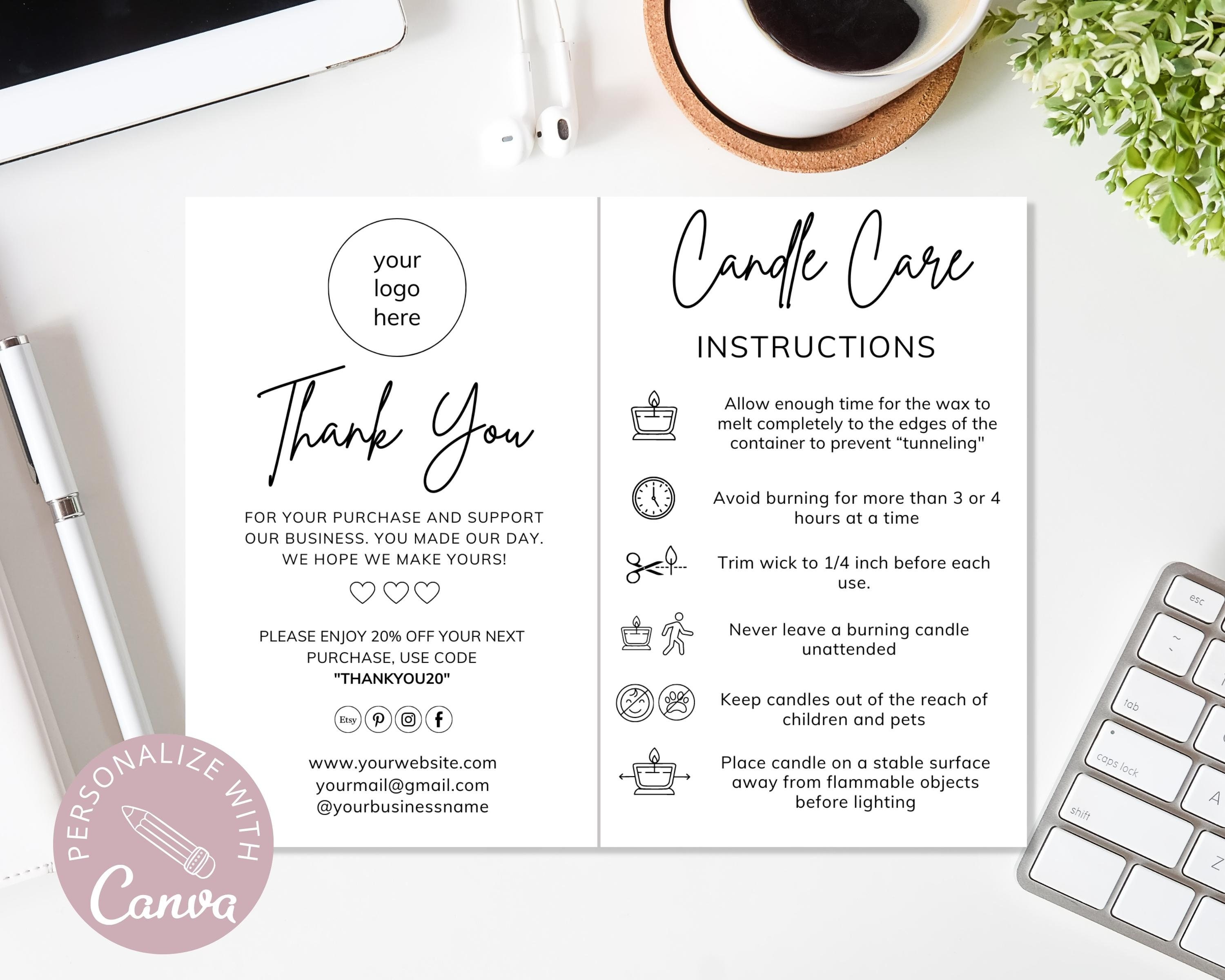 Candle Care Card Template I Editable Canva Template I Candle Care ...