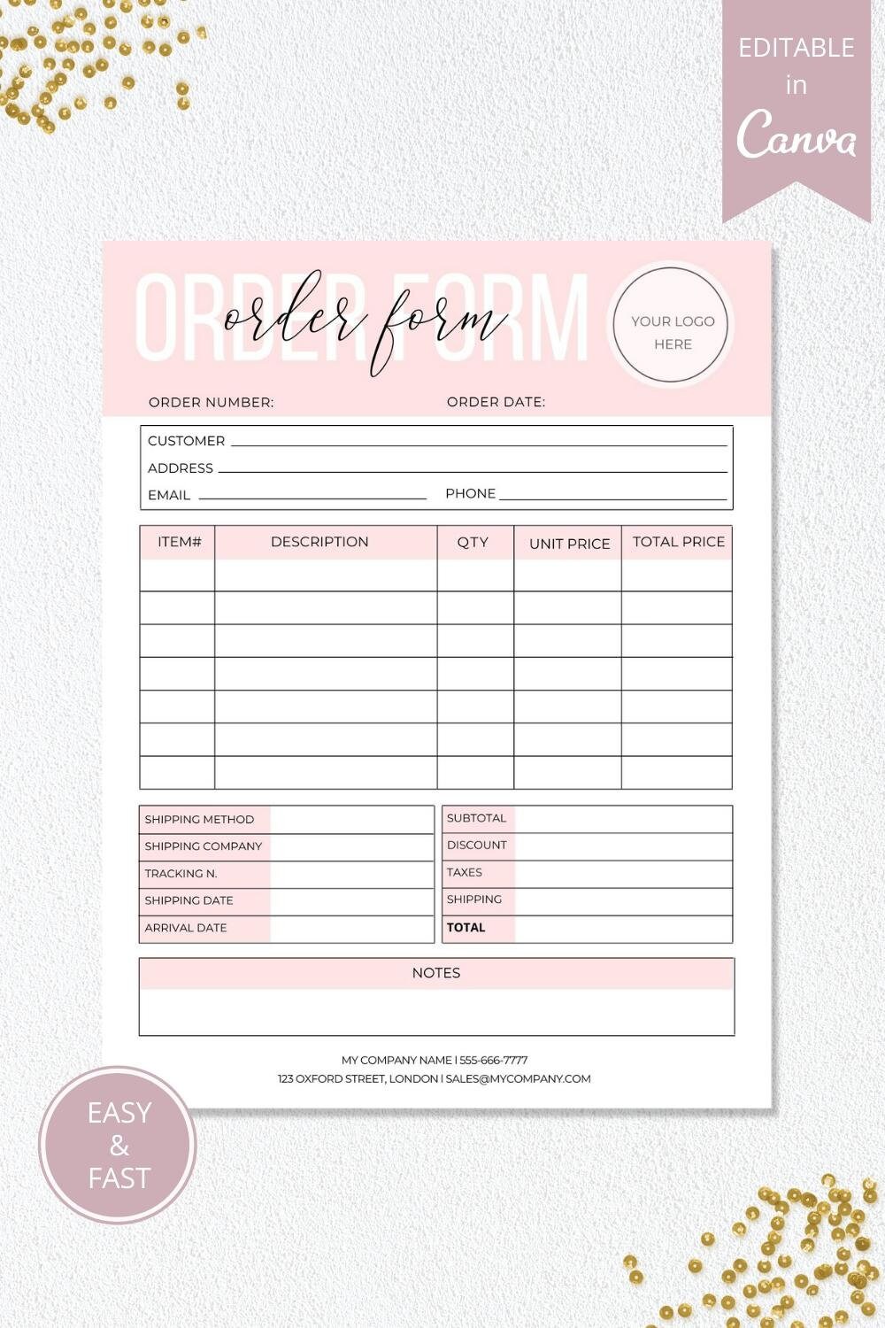 Editable Pink Order Form, Canva Template, Small Business Order Forms ...