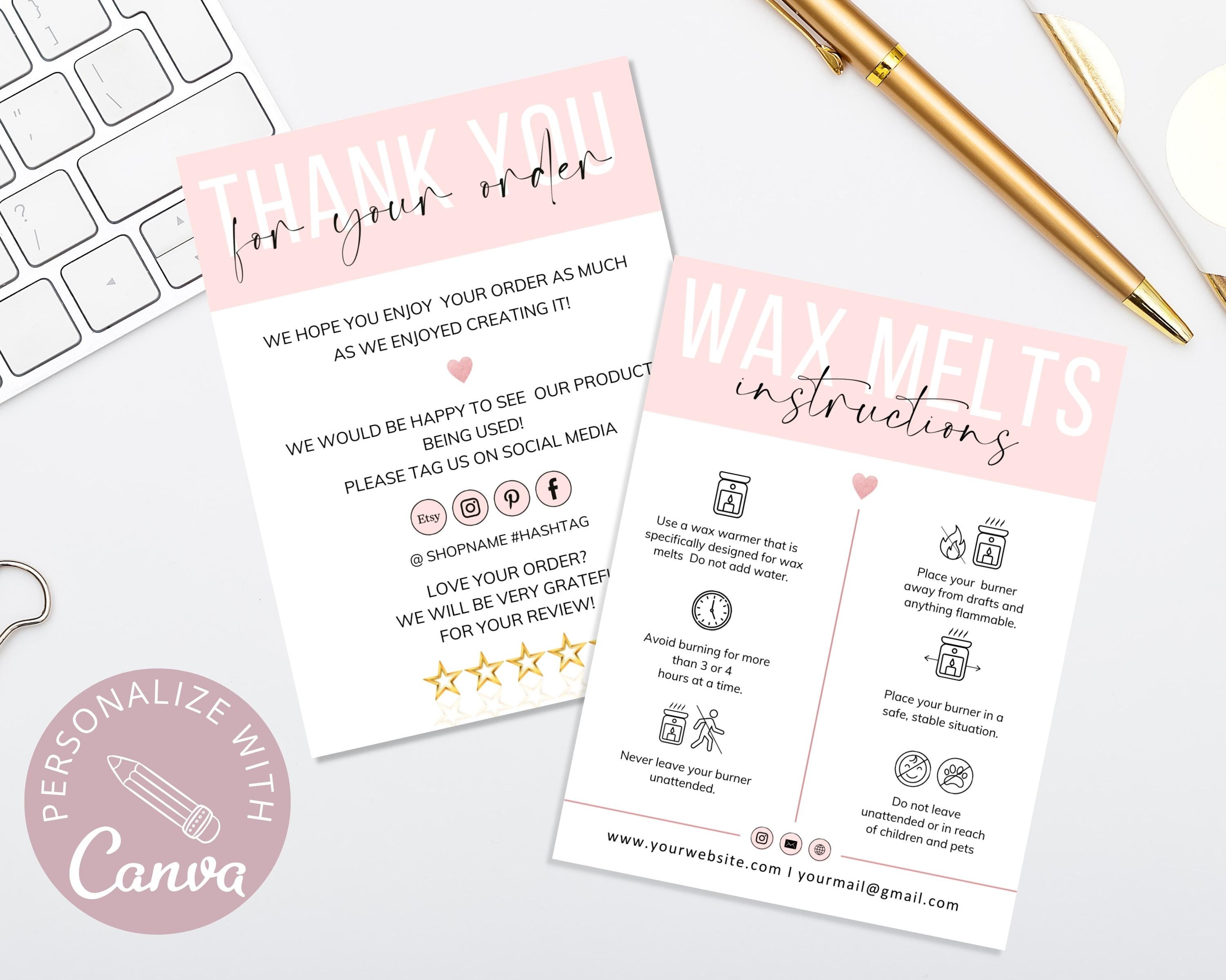 Wax Melts Care Card Template, Editable Wax Melts Instructions Card, Wax ...