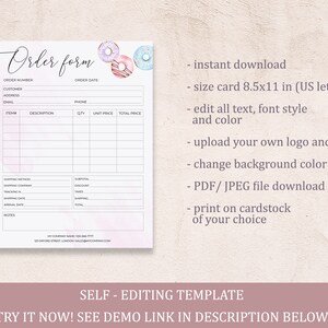 Bakery Order Form Template | Cake Order Form Printable | Donuts Order ...