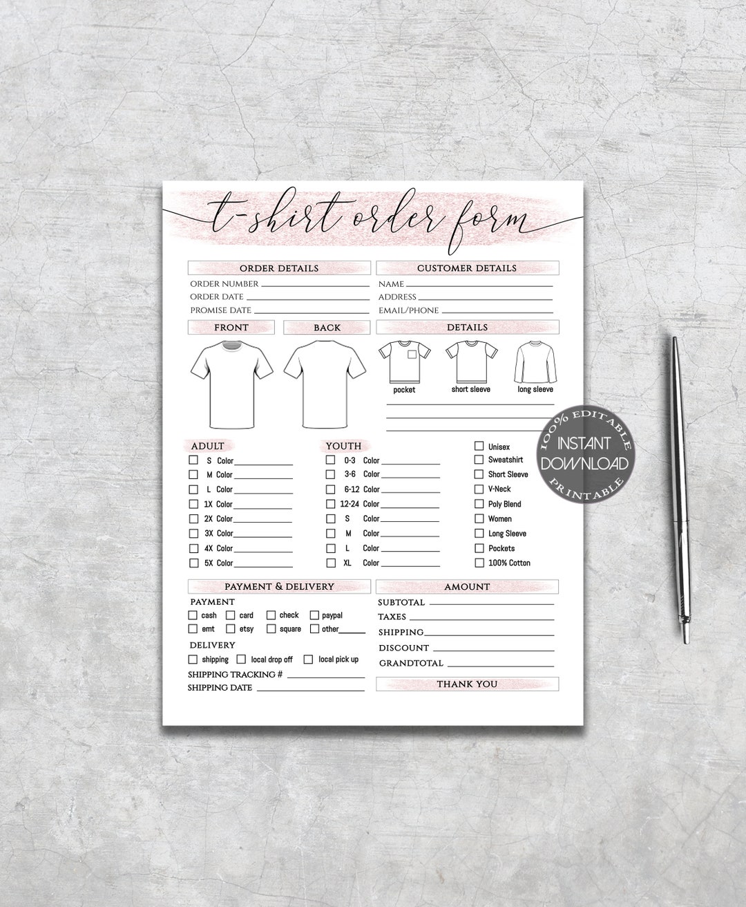 Custom Shirt Order Form Editable, Small Business Forms, Printable ...