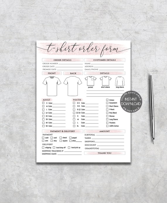 Custom Shirt Order Form Editable Small Business Forms | Etsy