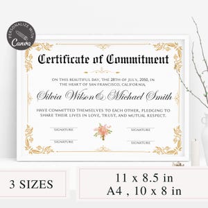 Editable Commitment Certificate | Canva Template, Custom Marriage Certificate, Wedding Keepsake ...