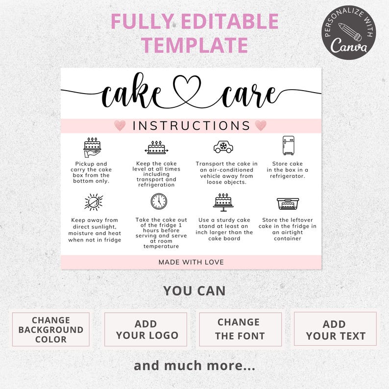 Editable Cake Care Card Template, Canva Editable Wedding Cake Care ...