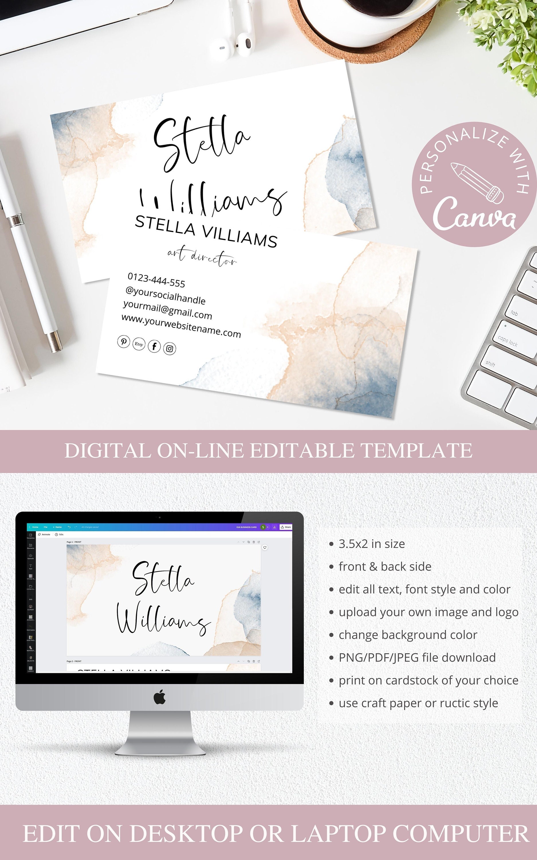 Business Card Template, Editable Canva Template, Custom Business Cards ...