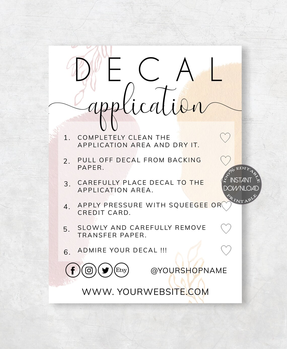 Decal Instructions Editable, Printable Decal Application Care Card ...