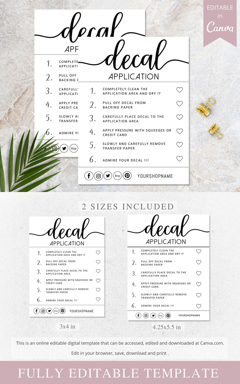 Decal Instructions Template Printable Decal Application Care - Etsy