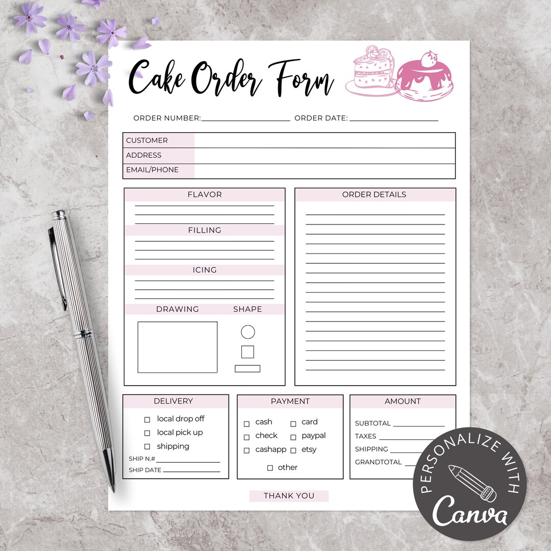 Cake Order Form I Canva Template Editable | Order Forms Template ...