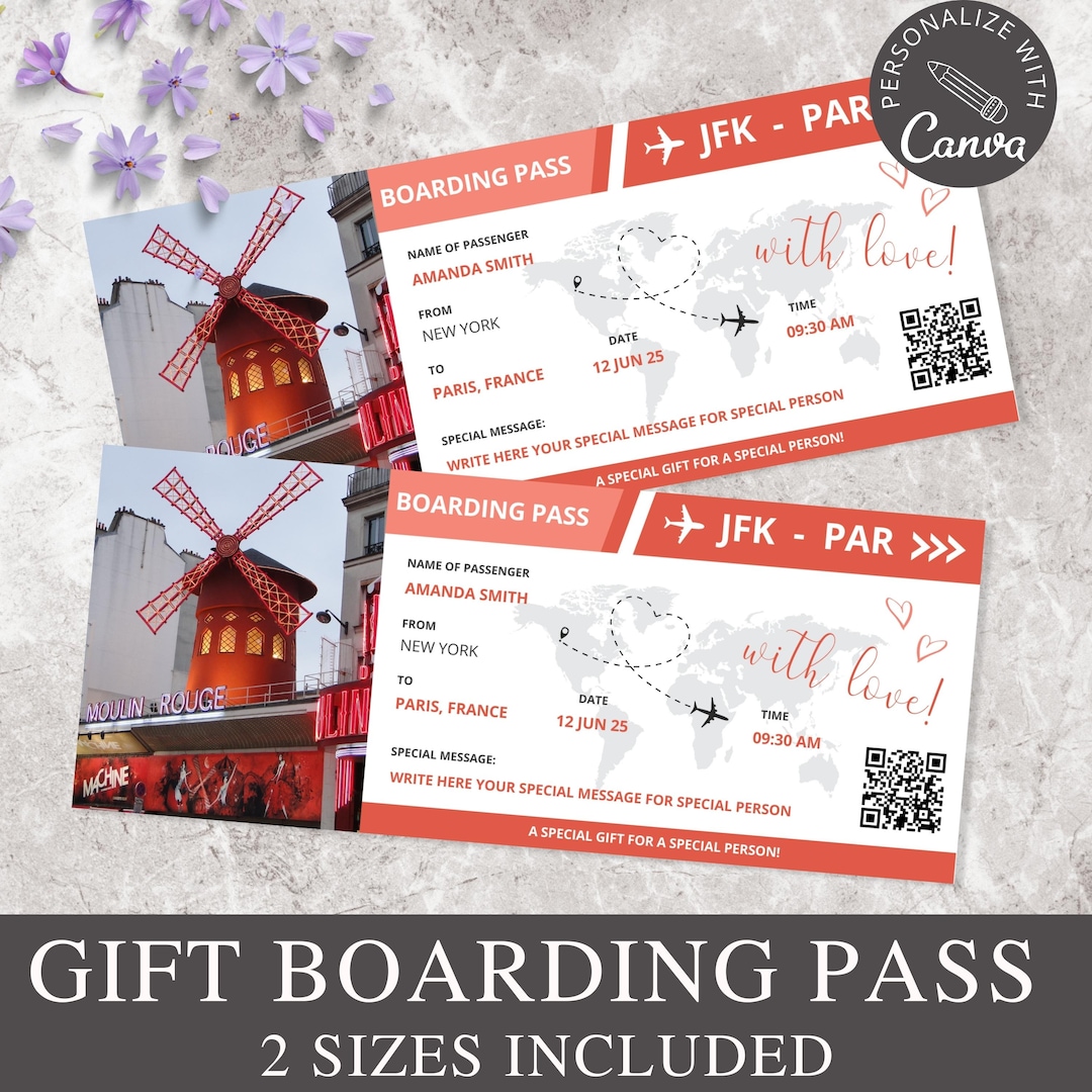 Boarding Pass, Editable Canva Template, Printable Plane Ticket, Gift ...