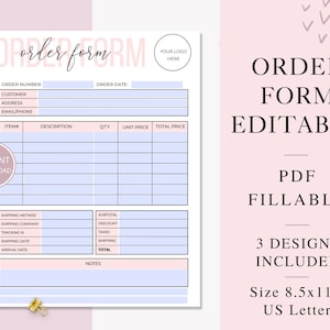 Pink Order Form Fillable, Editable Order Forms, PDF Order Form for ...