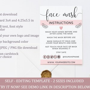 Face Mask Care Cards Printable, Editable Face Mask Instructions, Face ...