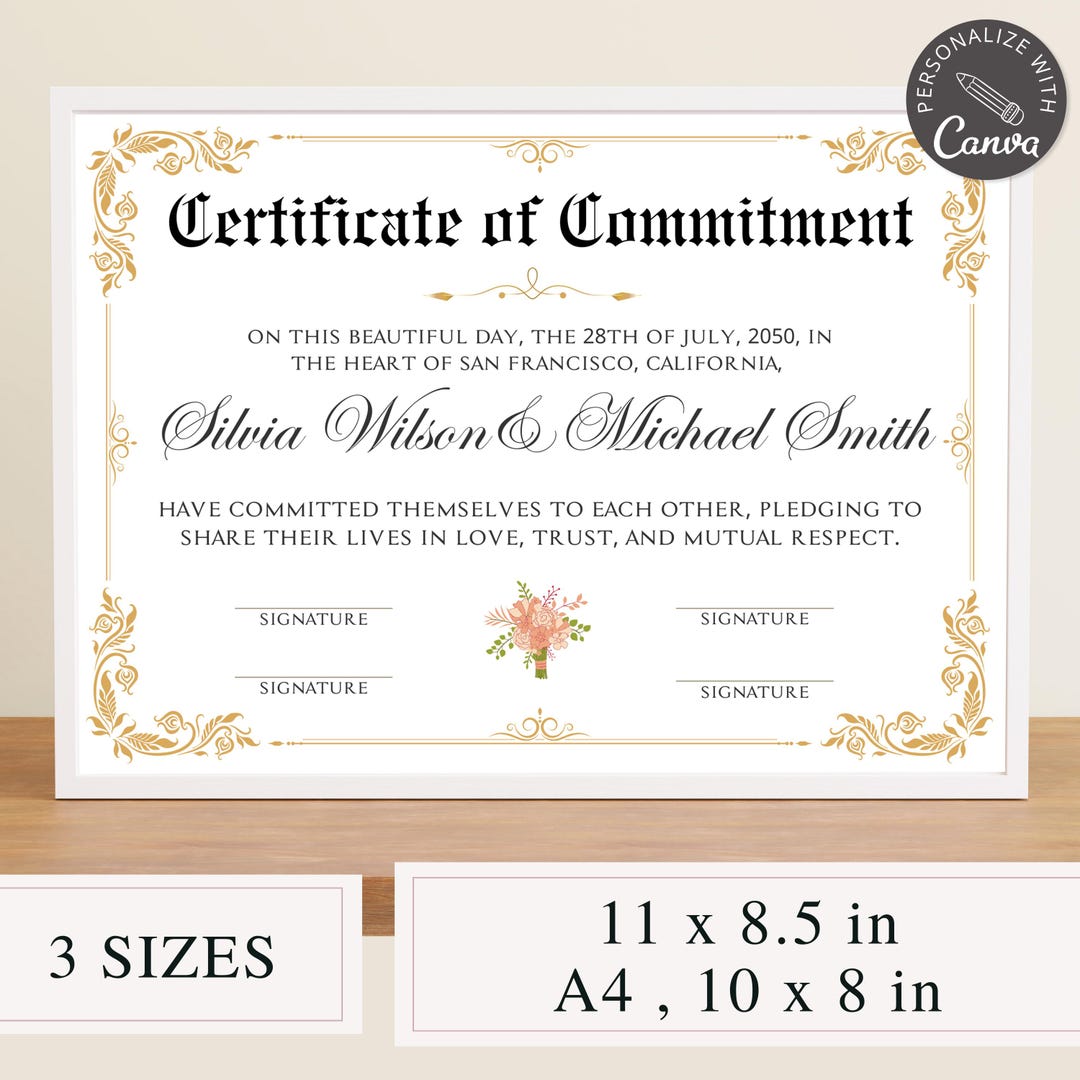 Editable Commitment Certificate | Canva Template, Custom Marriage Certificate, Wedding Keepsake ...