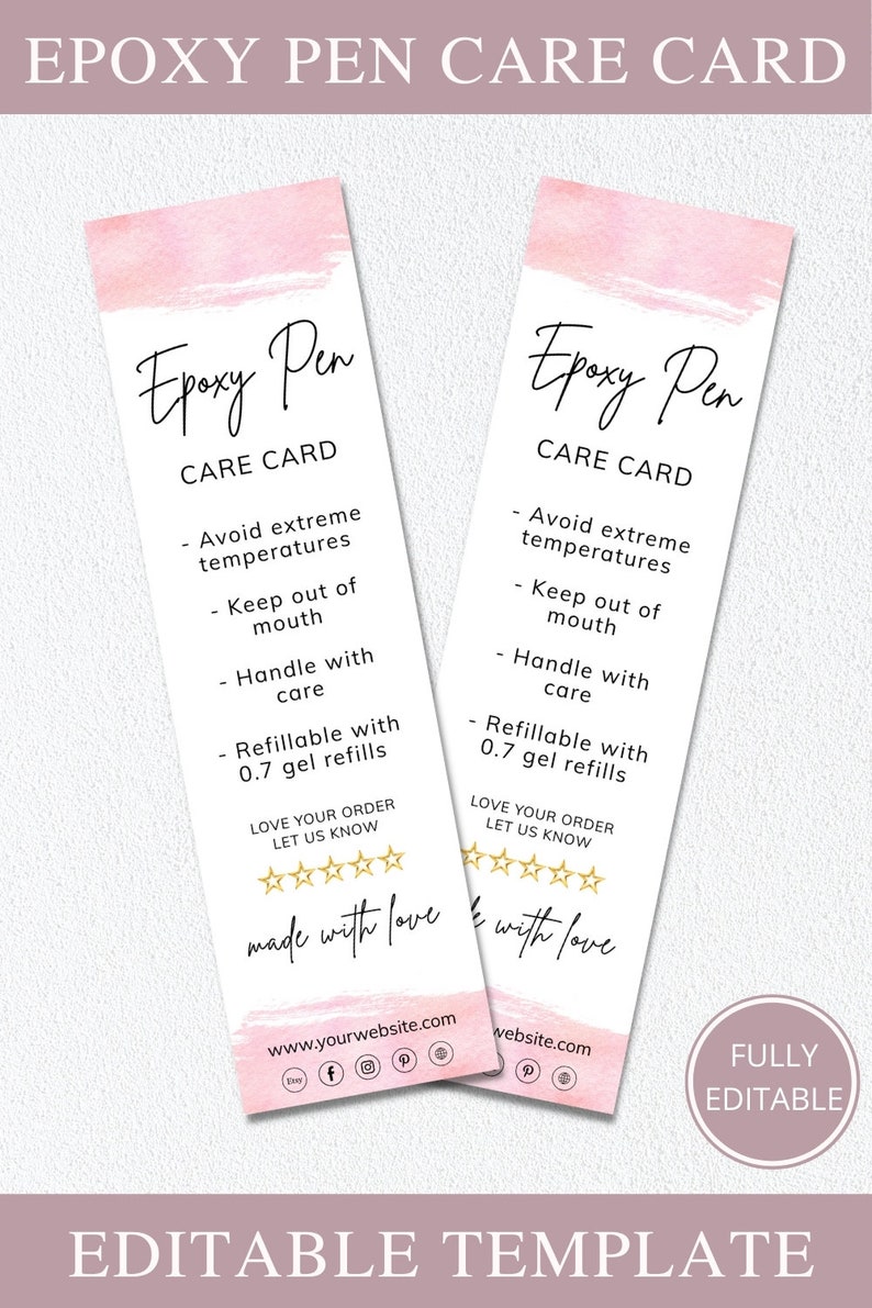 Editable Epoxy Pen Care Card Template Printable Pens Care | Etsy