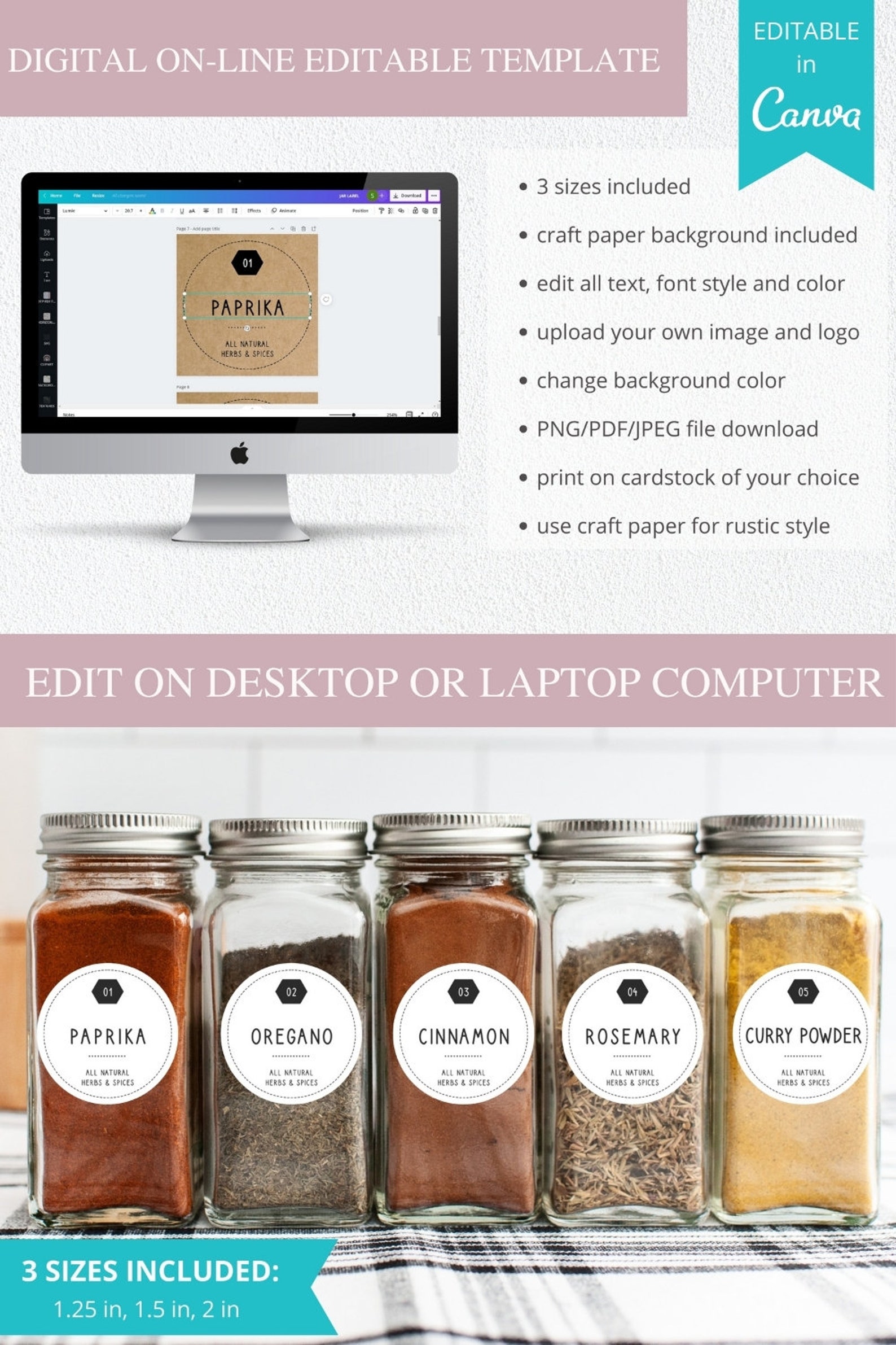 Spice Jars Label Template, Editable Spice Labels, Kitchen Organization ...