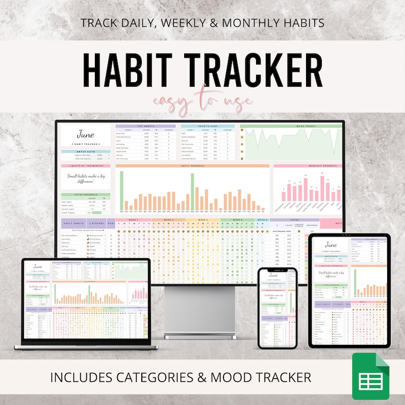 Habit Tracker Google Sheets | Goal Planner Spreadsheet, Daily Routine ...