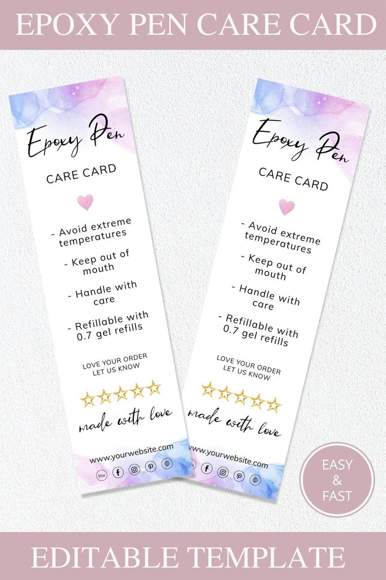 Editable Epoxy Pen Care Card Template Printable Pens Care - Etsy