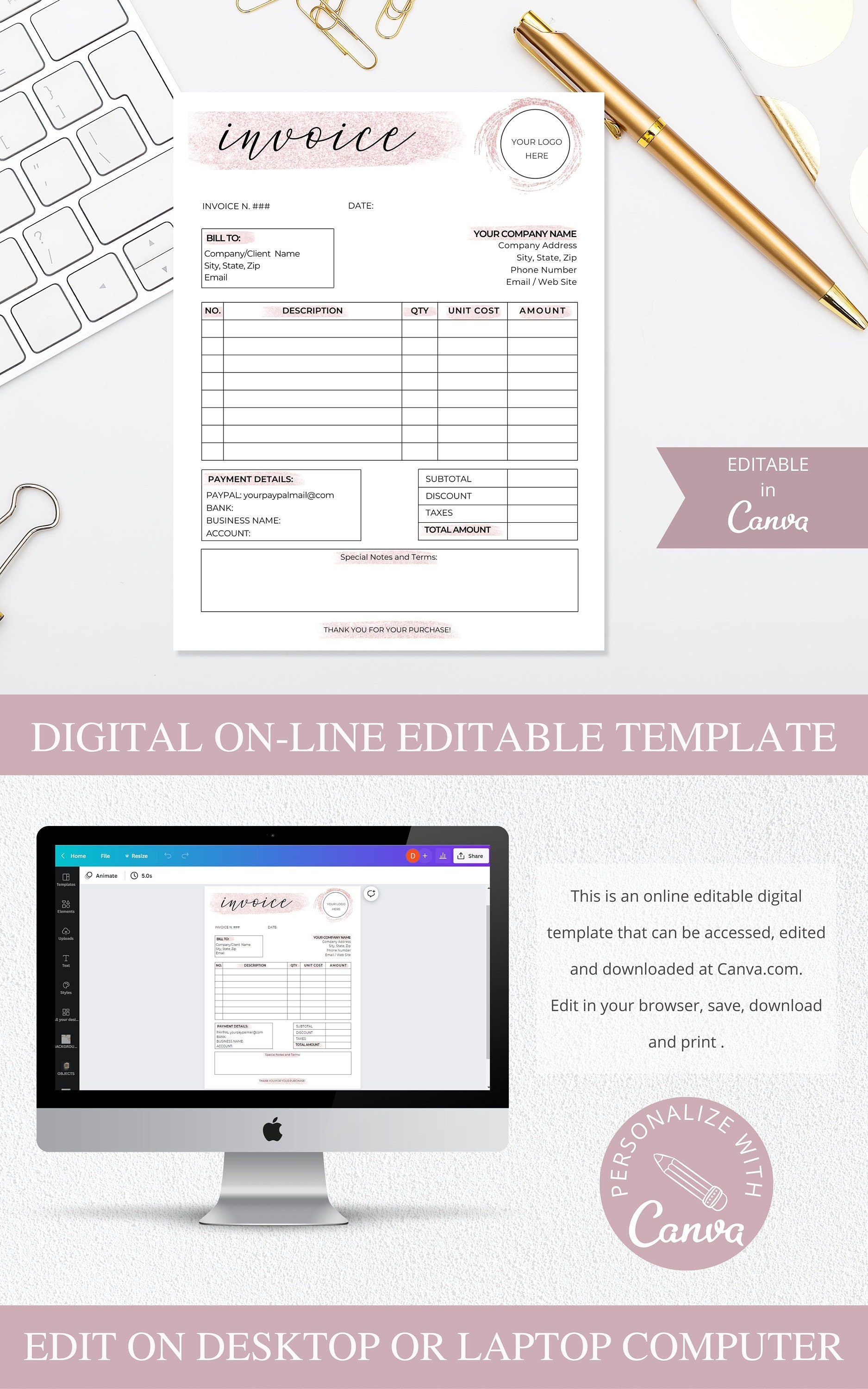Invoice Business Templates Editable Canva Template Order - Etsy