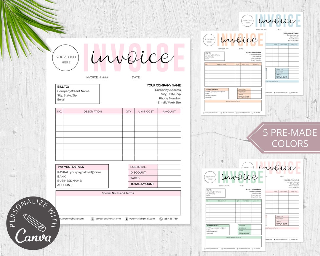 Invoice Editable Template, Printable Order Form Invoice, 5 Premade ...