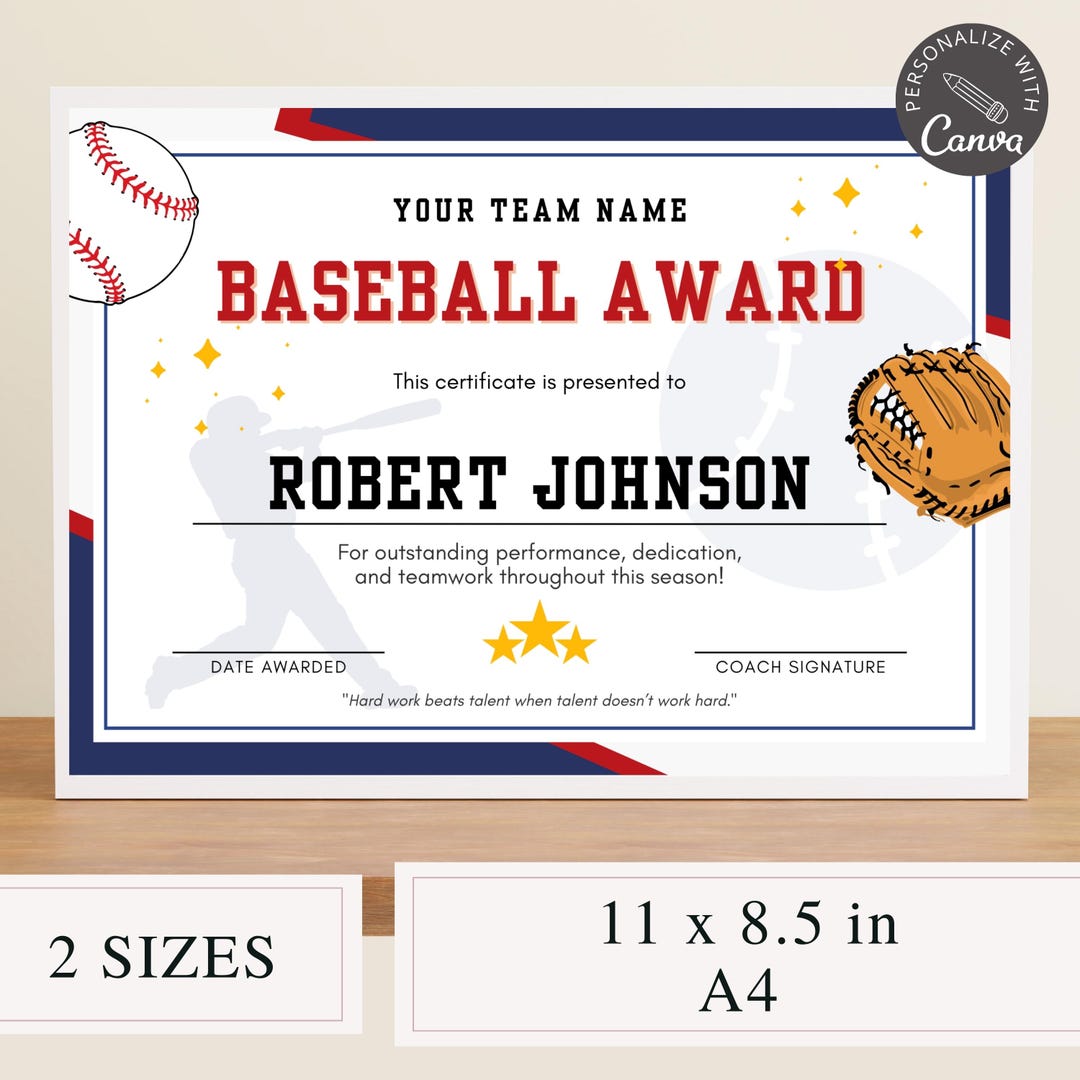 Baseball Award Certificate | Custom Awards Canva Template, Personalized ...