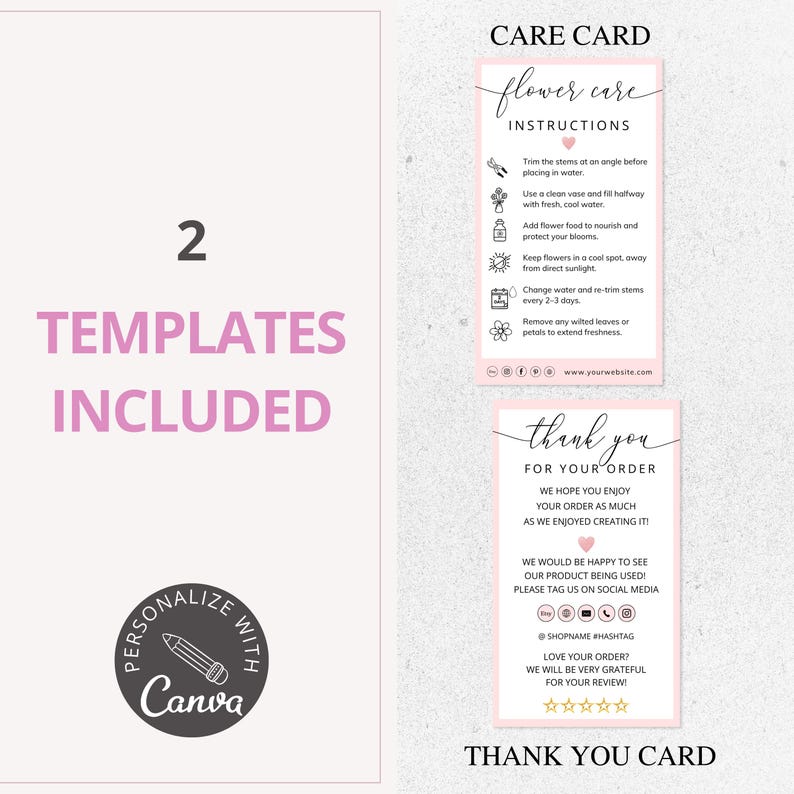 Editable Flower Care Card | Canva Template for Florist Thank You, Plant ...
