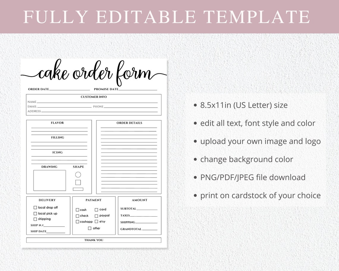 Cake Order Form Editable Canva Template Order Forms - Etsy