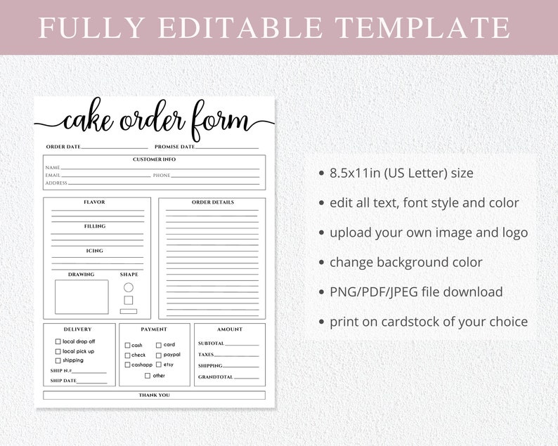 Cake Order Form Editable Canva Template Order Forms - Etsy
