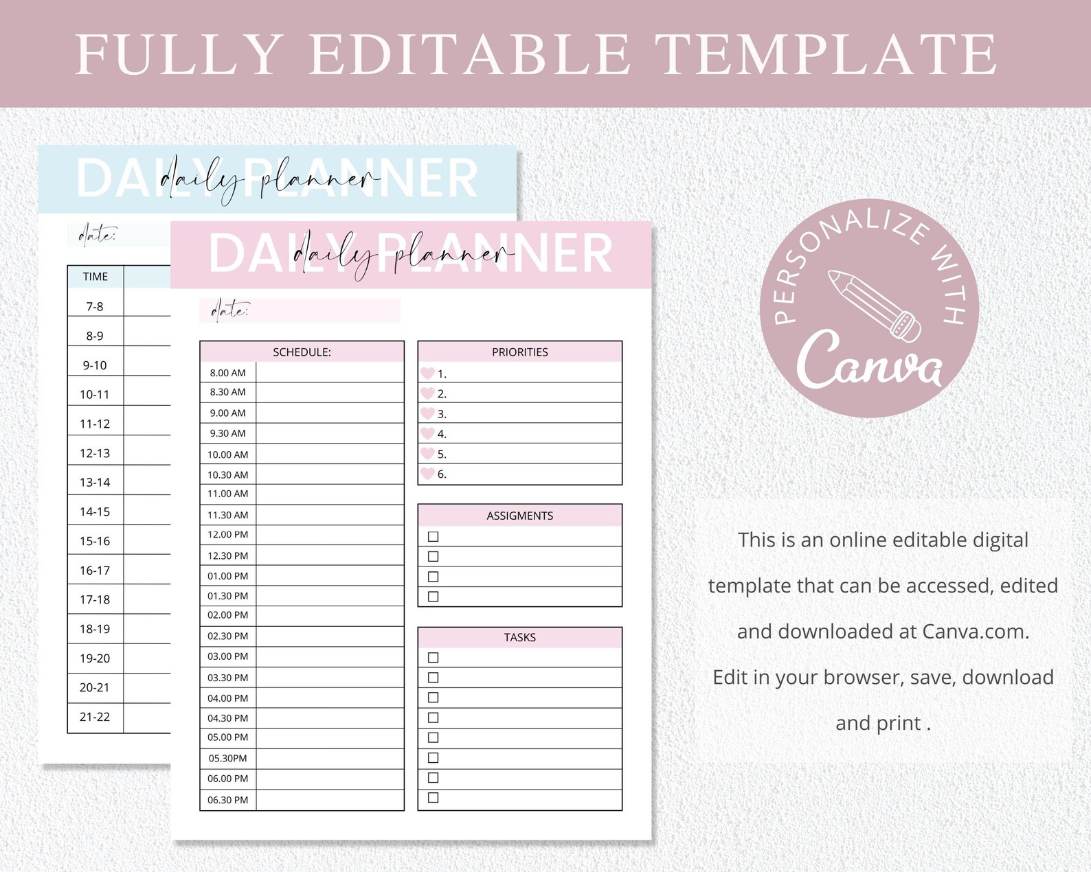 2 Editable Daily Planner, ADHD Day Planner Printable, Canva Template ...