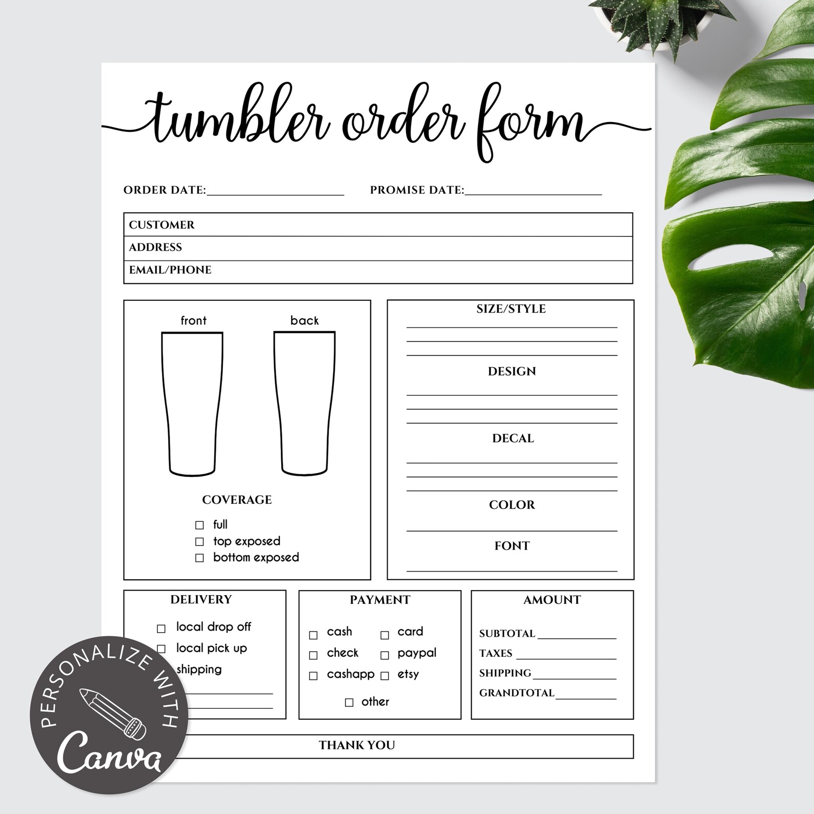 Tumbler Order Form Editable | Canva Invoice Template, Printable Craft ...