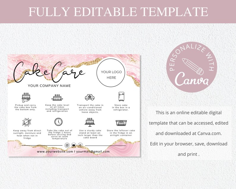 Cake Care Card Template Canva Editable Wedding Cake Care - Etsy