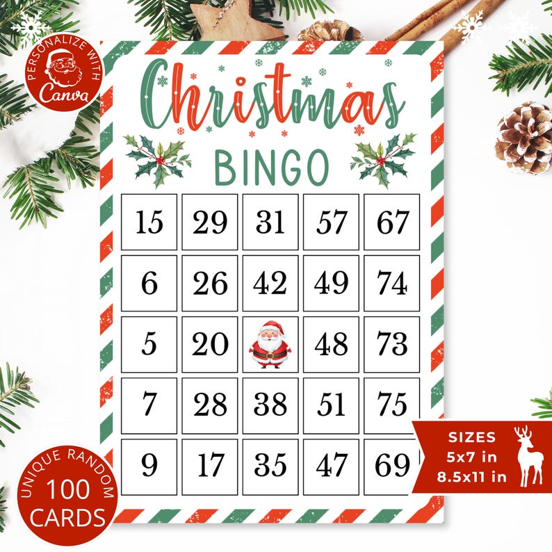 100 Christmas Bingo Cards With Numbers | Editable Canva Party Games ...