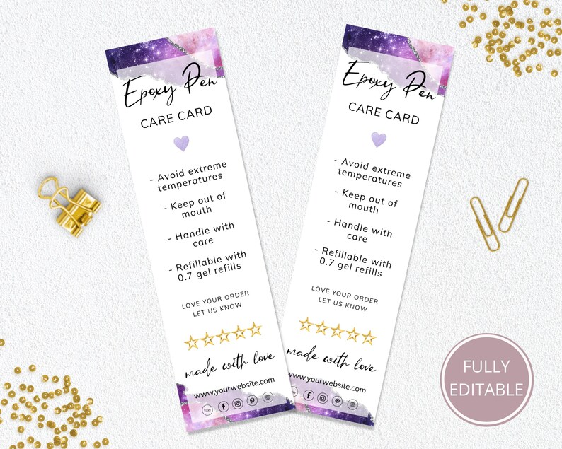 Editable Epoxy Pen Care Card Template Galaxy Printable Pens - Etsy