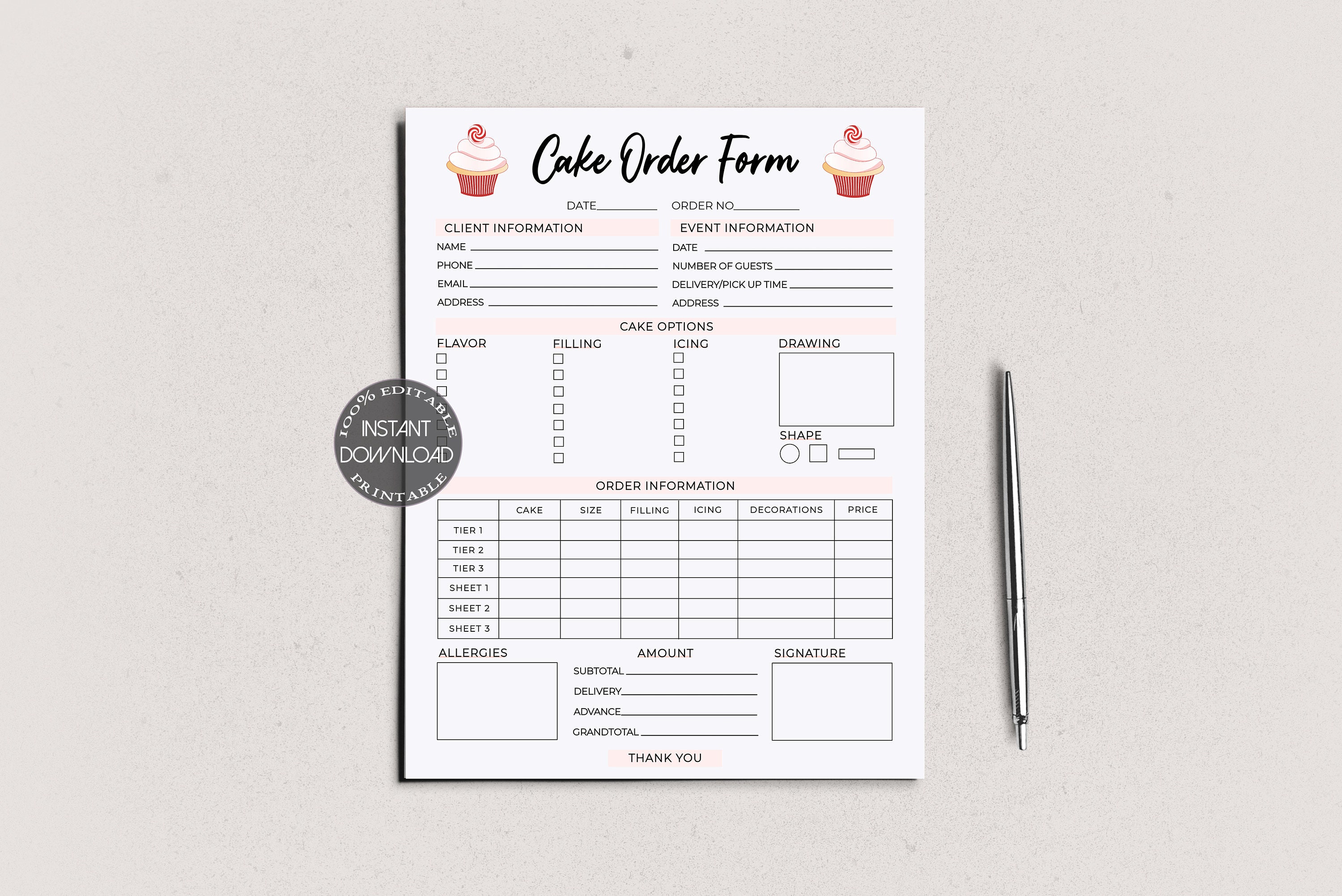 Editable Cake Order Form Template Bakery Order Form Receipt 