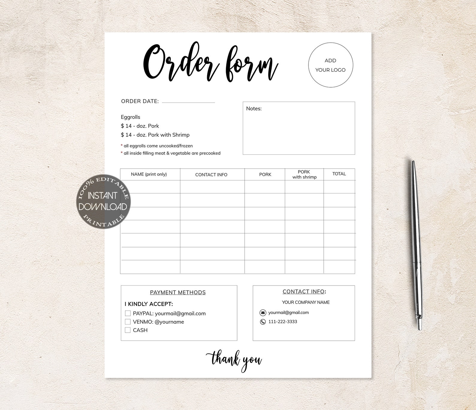 Order Form Template, Editable Order Forms, Small Business Forms, Craft ...