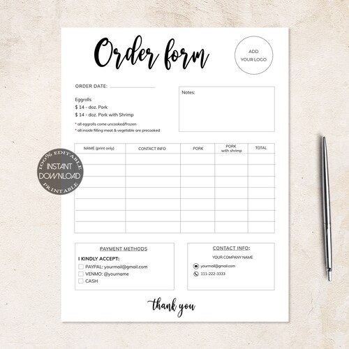 Order Form Editable Fillable Order Forms Small Business - Etsy