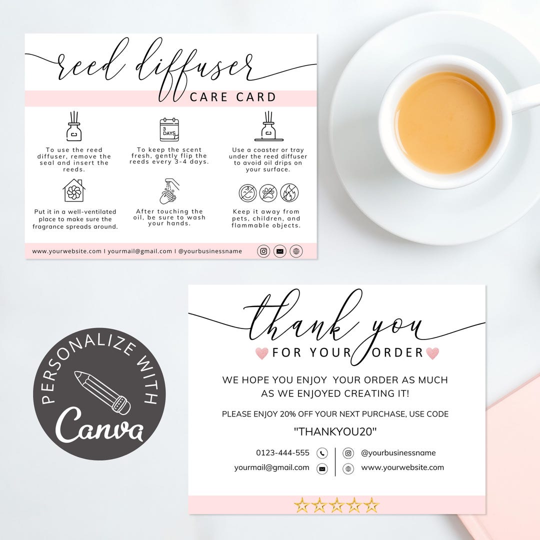 Reed Diffuser Care Card - Editable Canva Template, Care Instructions ...