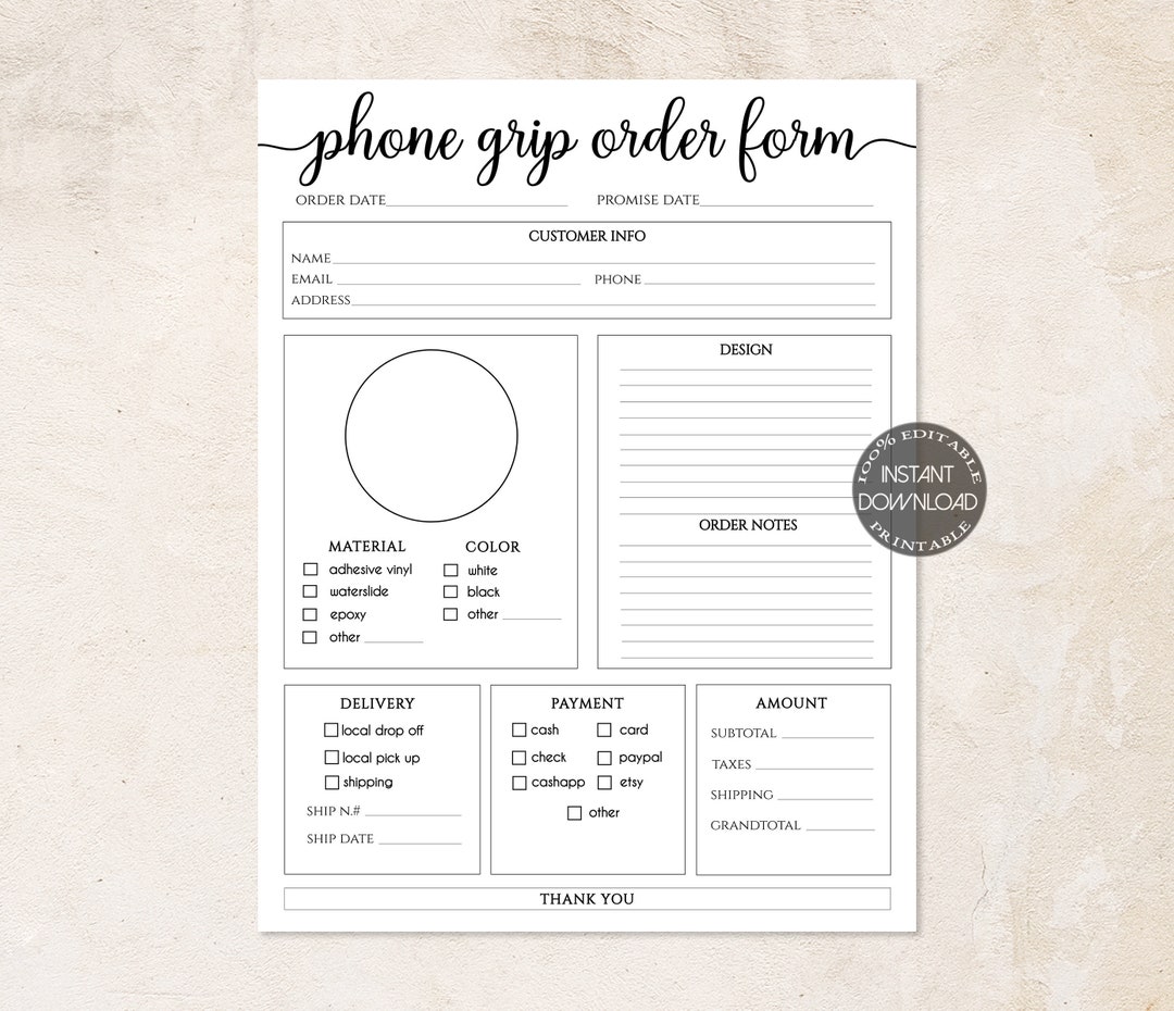 Phone Grip Editable Order Form | Printable Crafters Order Form | Small ...