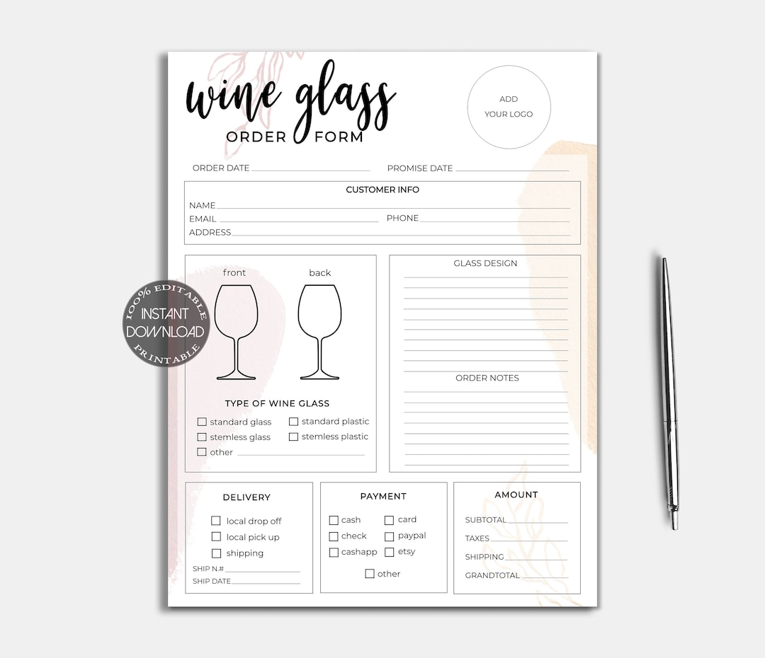 Wine Glass Order Form Editable, Small Business Forms, Craft Order Form ...