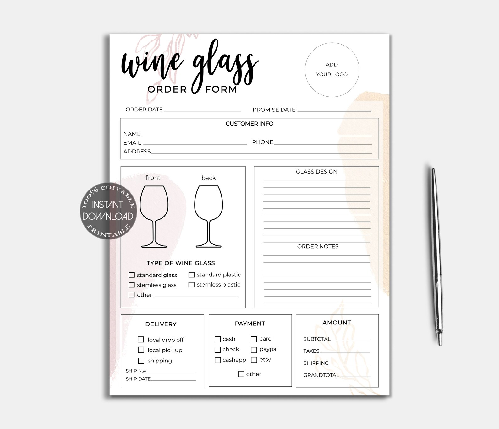 Wine Glass Order Form Editable Small Business Forms Craft - Etsy