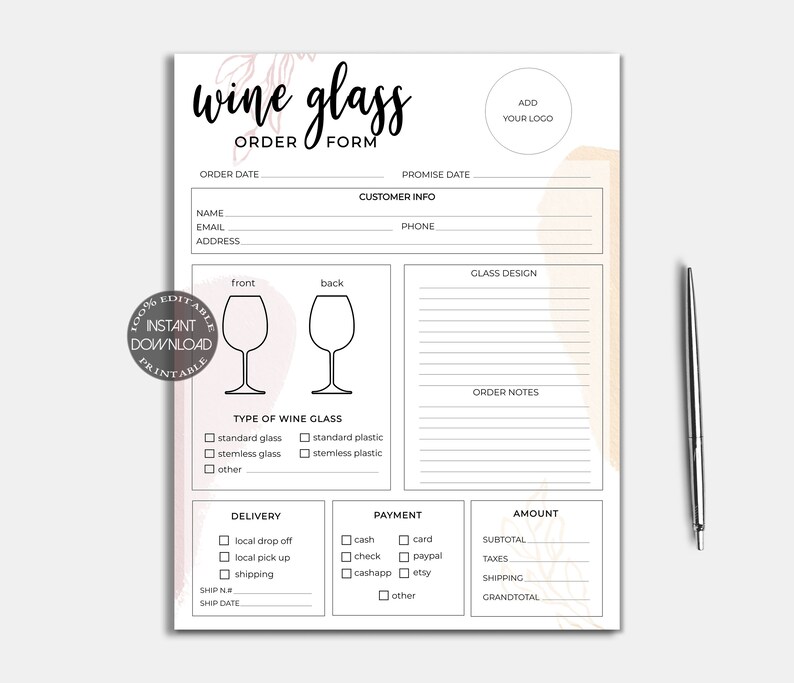 Wine Glass Order Form Editable Small Business Forms Craft | Etsy