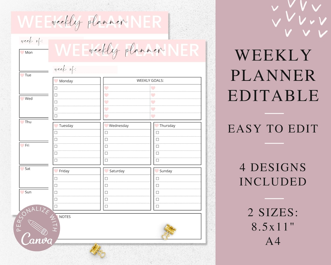 4 Editable Weekly Planner ADHD Planner Printable Canva - Etsy