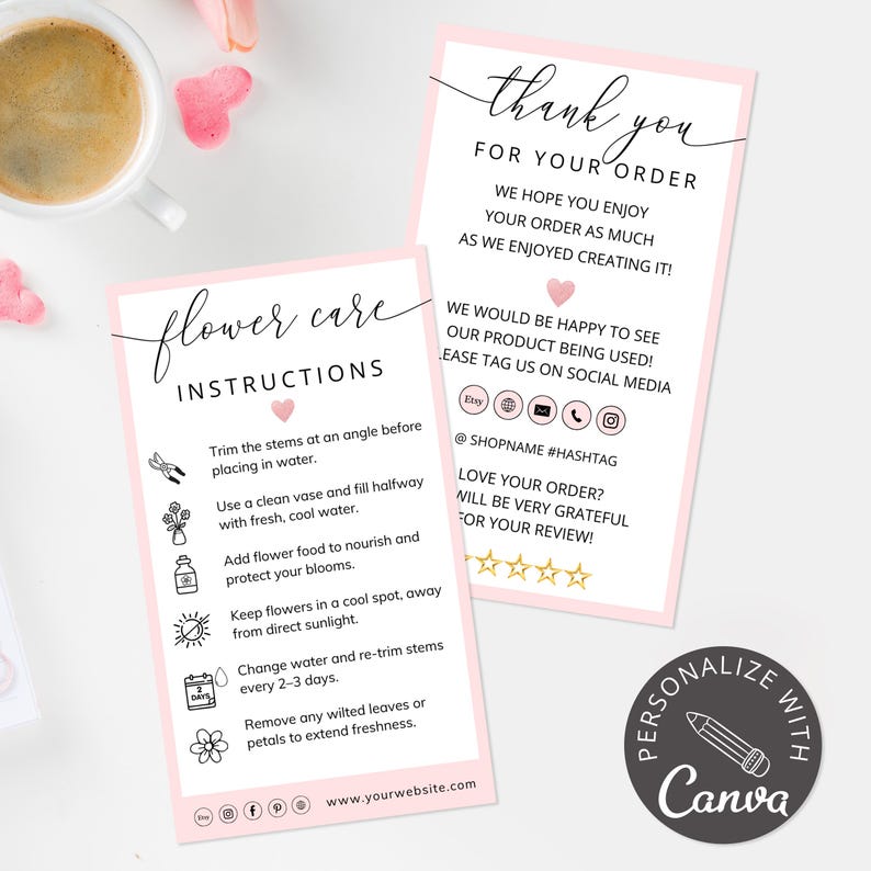 Editable Flower Care Card | Canva Template for Florist Thank You, Plant ...