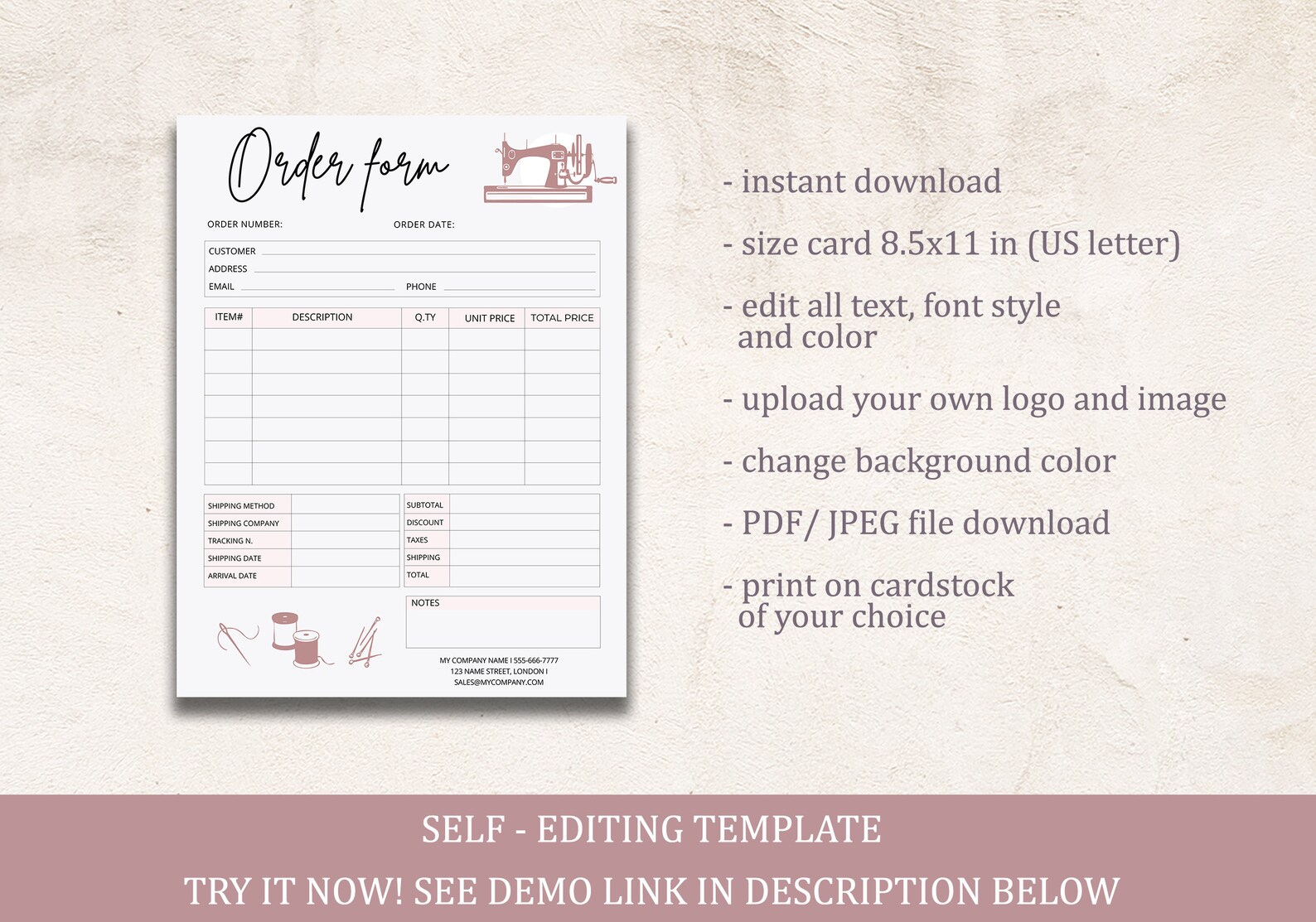 Order Form Editable Sewing Business Order Forms Printable | Etsy