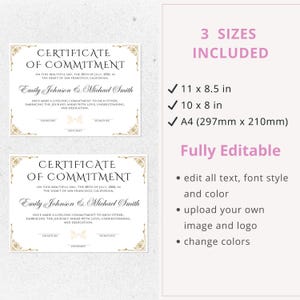 Certificate of Commitment Template I Canva Template, Editable Wedding ...