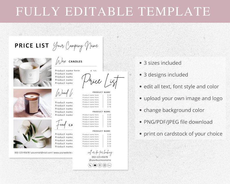 Candle Price List Template, Canva Editable Bakery Price List, Spa Price ...